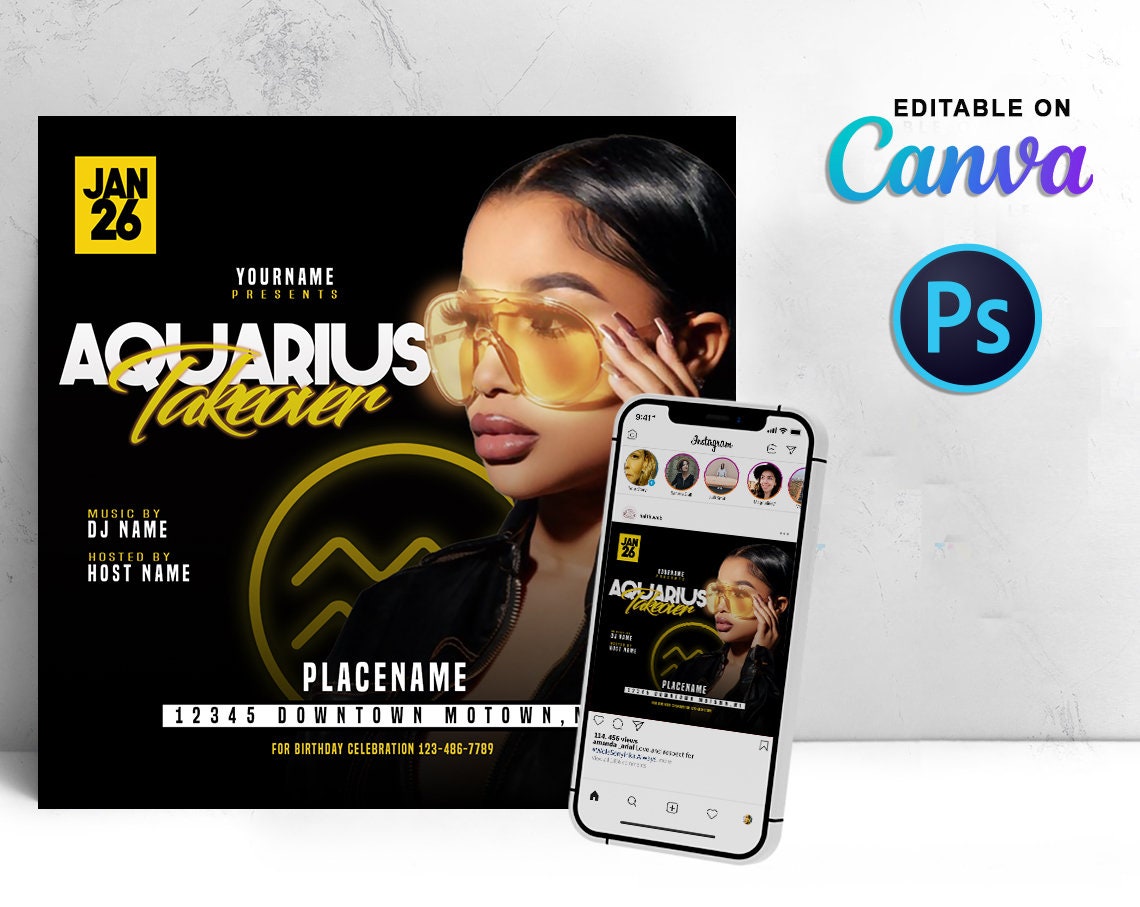 Aquarius Takeover Party Flyer, Edit on Cava and Photoshop - Etsy