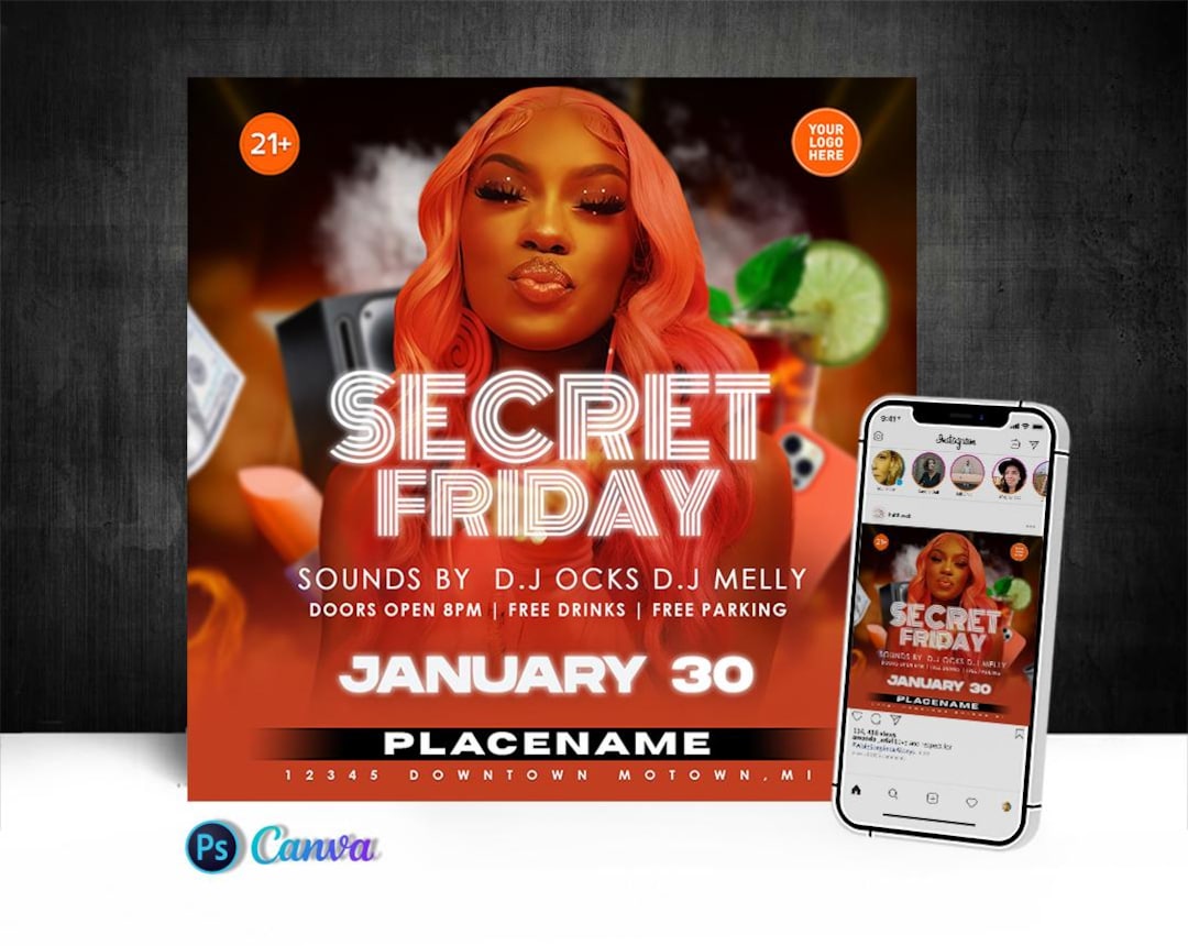 Secret Friday Party Flyer, Editable on Cava and Photoshop - Etsy