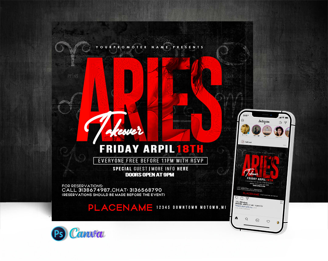 Aries Party Flyer, Editable on Cava and Photoshop - Etsy