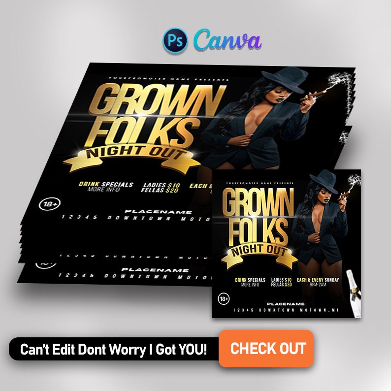 Grown Folks Night Out Party Flyer, Edit on Cava and Photoshop - Etsy