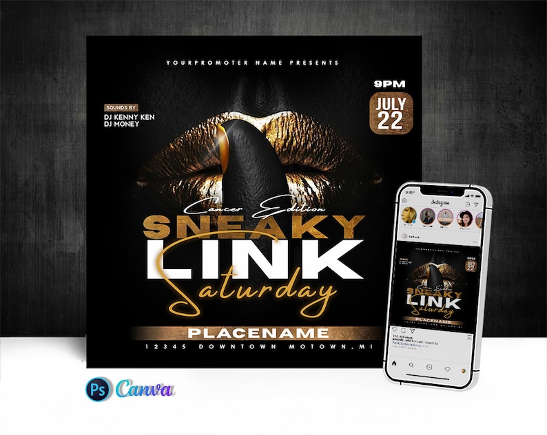 Sneaky Link Party Flyer, Edit on Cava and Photoshop - Etsy