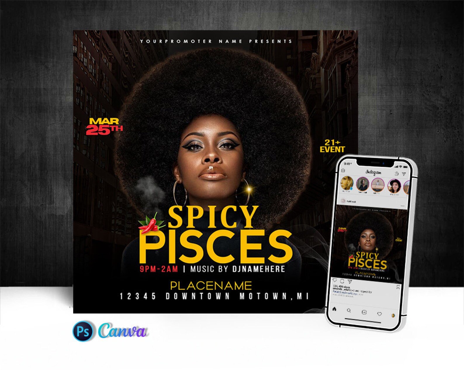 Spicy Pisces Party Flyer, Editable on Cava and Photoshop - Etsy