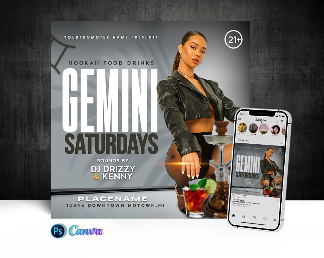 Gemini Saturdays Party Flyer, Edit on Cava and Photoshop - Etsy