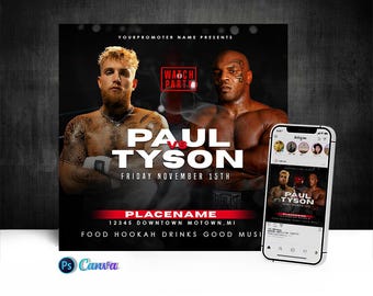 Mike Tyson Vs Jake Paul Watch Party Flyer, Edit on Photoshop and Canva ...