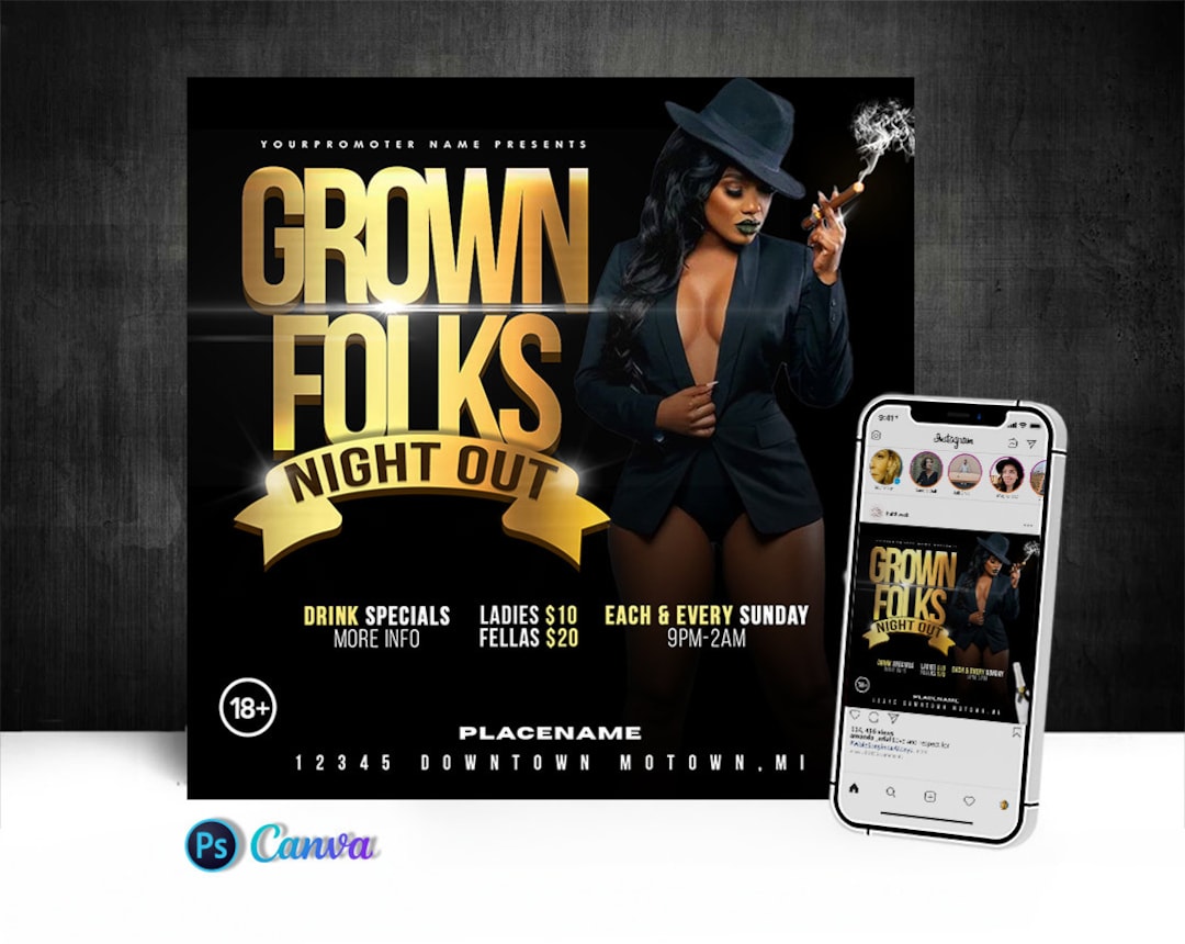 Grown Folks Night Out Party Flyer, Edit on Cava and Photoshop - Etsy