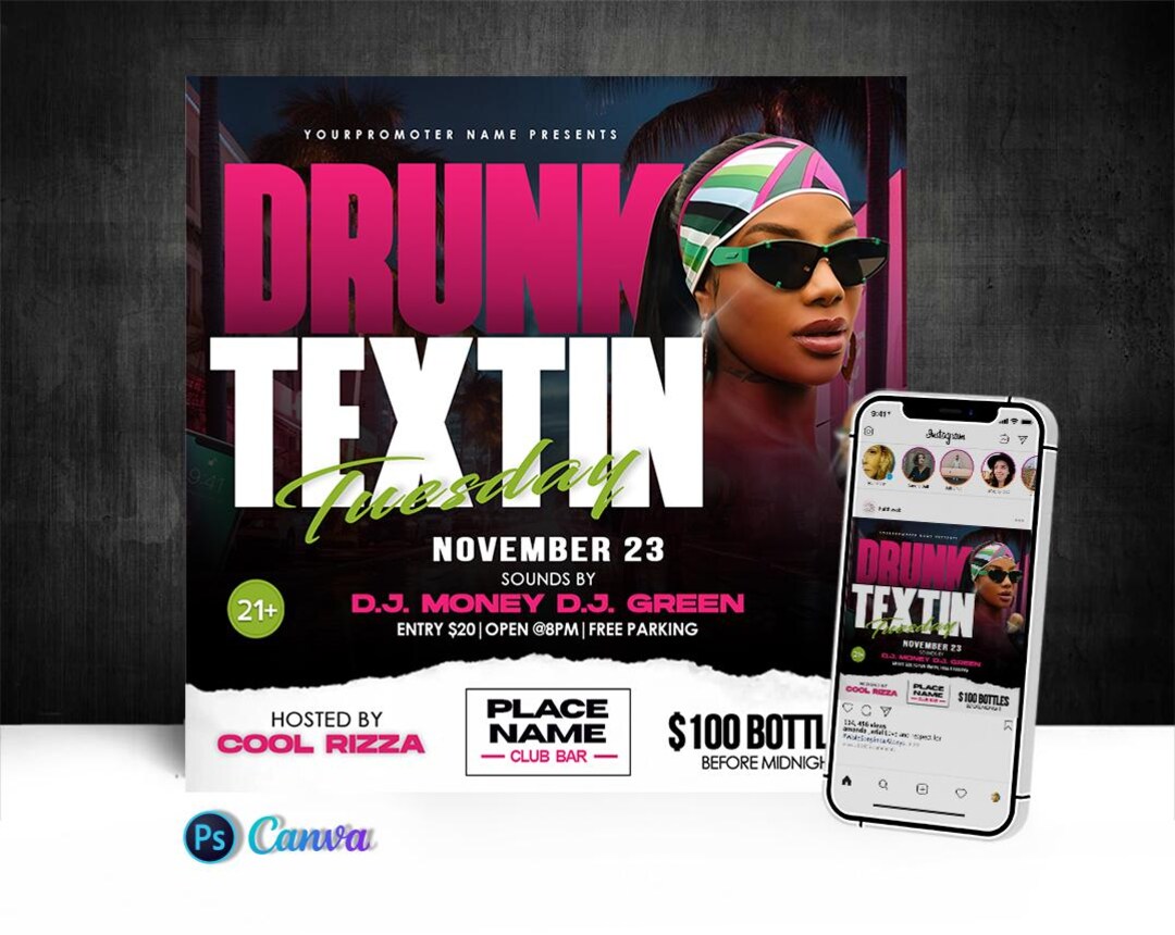 Drunk Texting Tuesday Party Flyer, Editable on Cava and Photoshop - Etsy