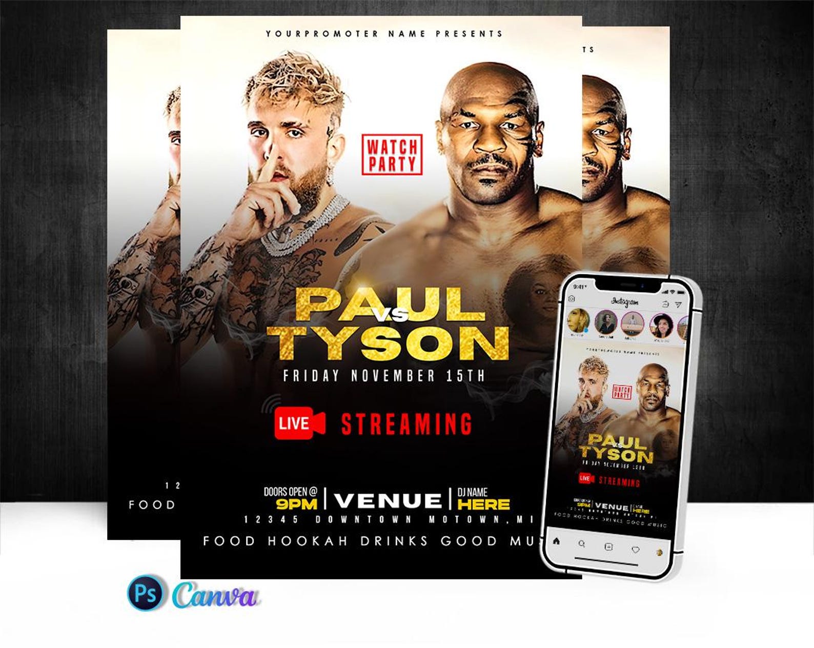 Mike Tyson Vs Jake Paul Watch Party Flyer, Edit on Photoshop and Canva ...