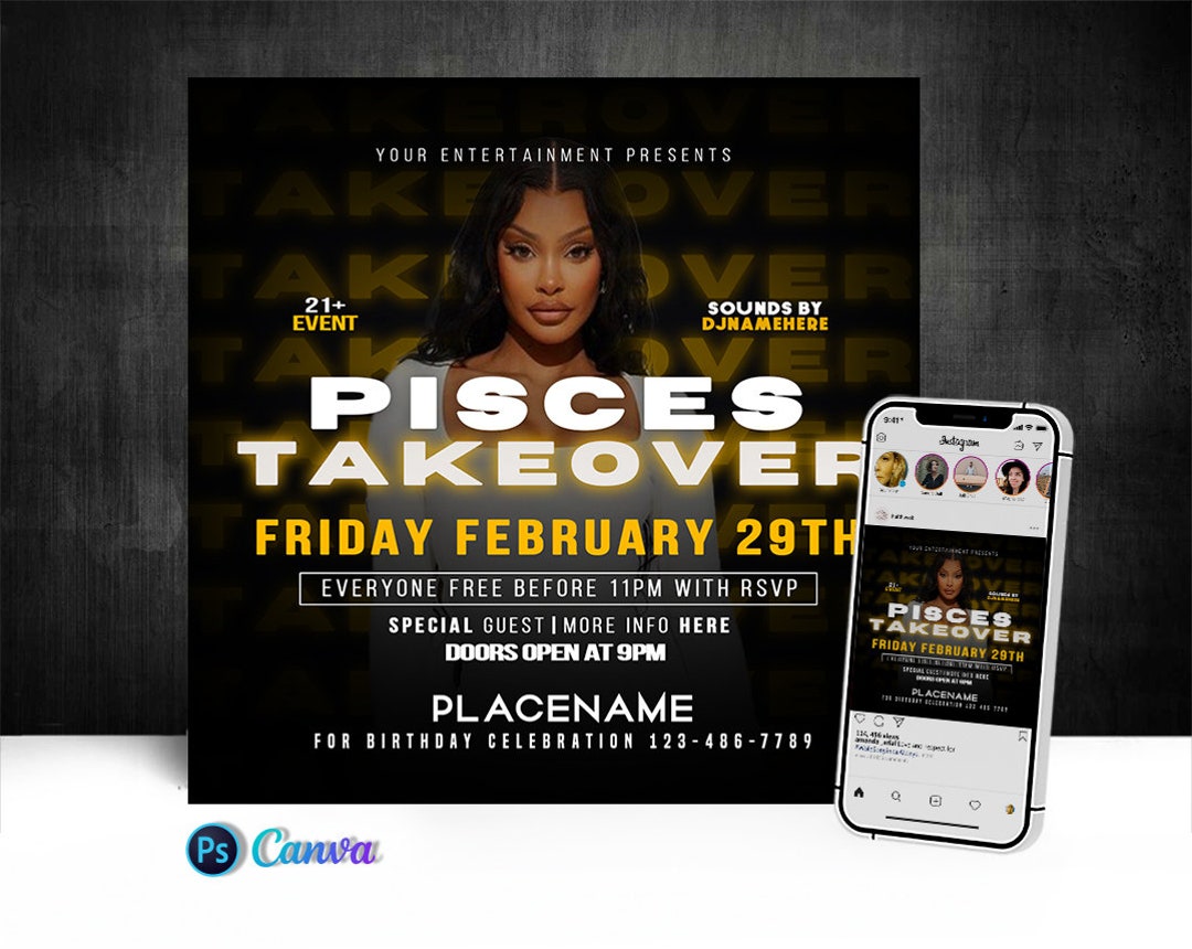 Pisces Taker Over Party Flyer, Editable on Cava and Photoshop - Etsy