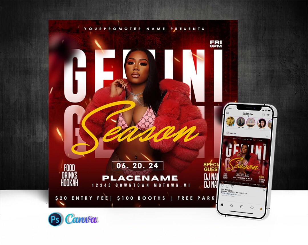 Gemini Season Party Flyer, Edit on Cava and Photoshop - Etsy