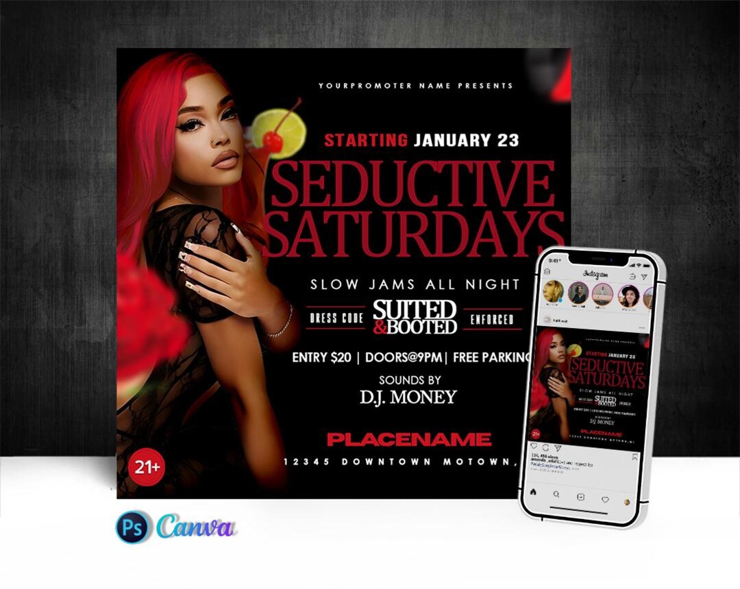 Seductive Saturday Party Flyer, Edit on Cava and Photoshop - Etsy