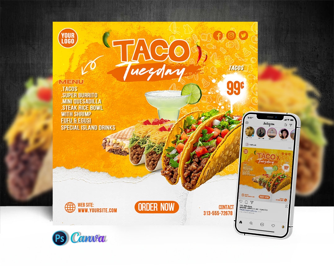 Taco Tuesday Menu Flyer, Edit on Cava and Photoshop - Etsy