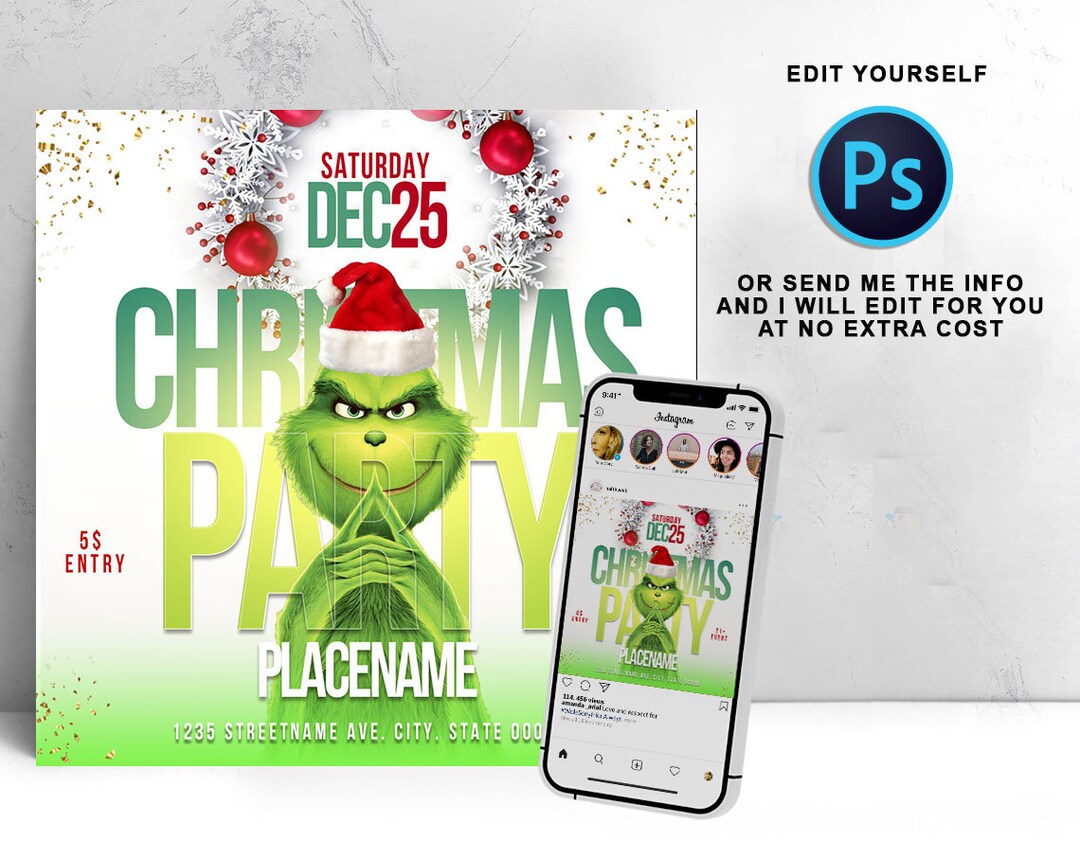 GRINCH CHRISTMAS Party Flyer, Edit on Photoshop - Etsy