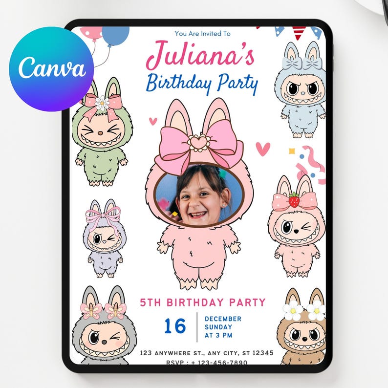 Labubu Party Invitation, Invitation Template, Printable Invite, Canva ...
