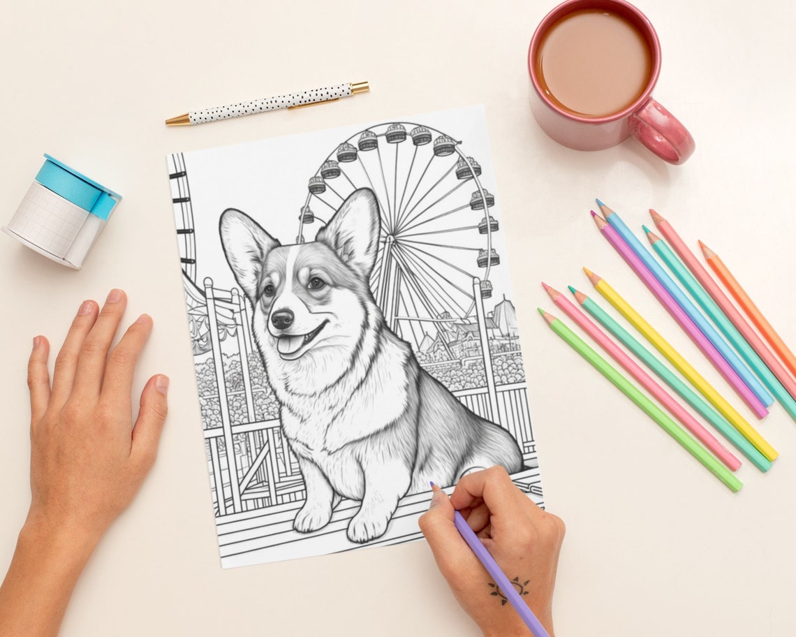 Printable Cute Corgi Coloring Page - Adult Coloring Page, Kids Coloring ...