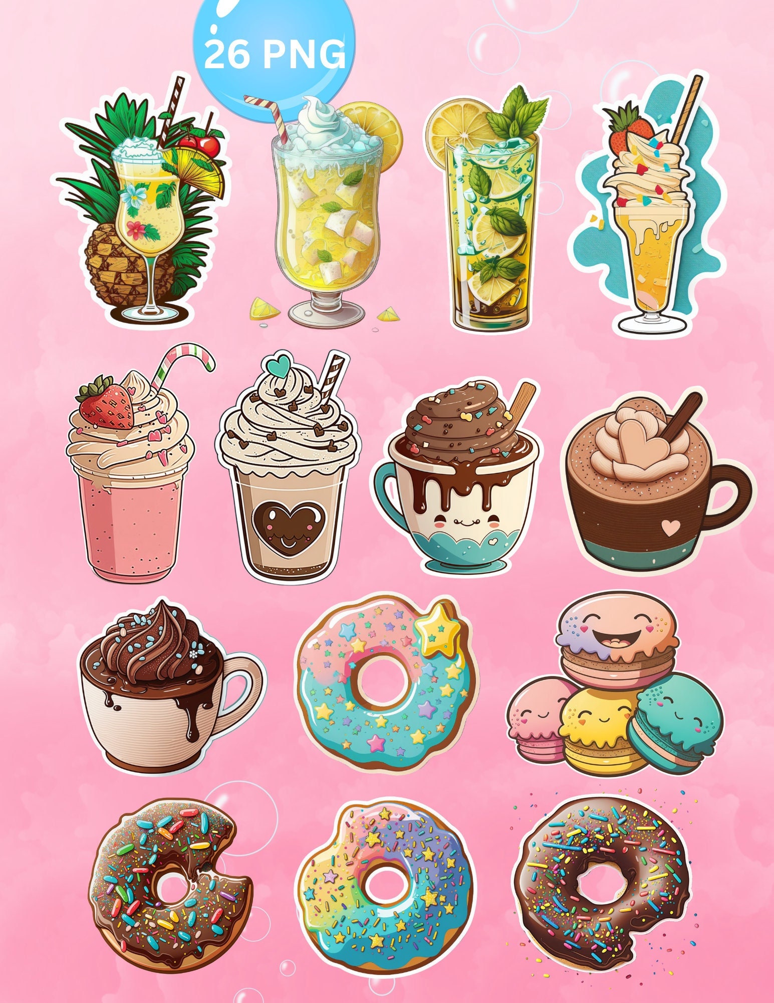 Digital Cute Food Sticker Set: 26 Adorable Pngs for Your Creative ...