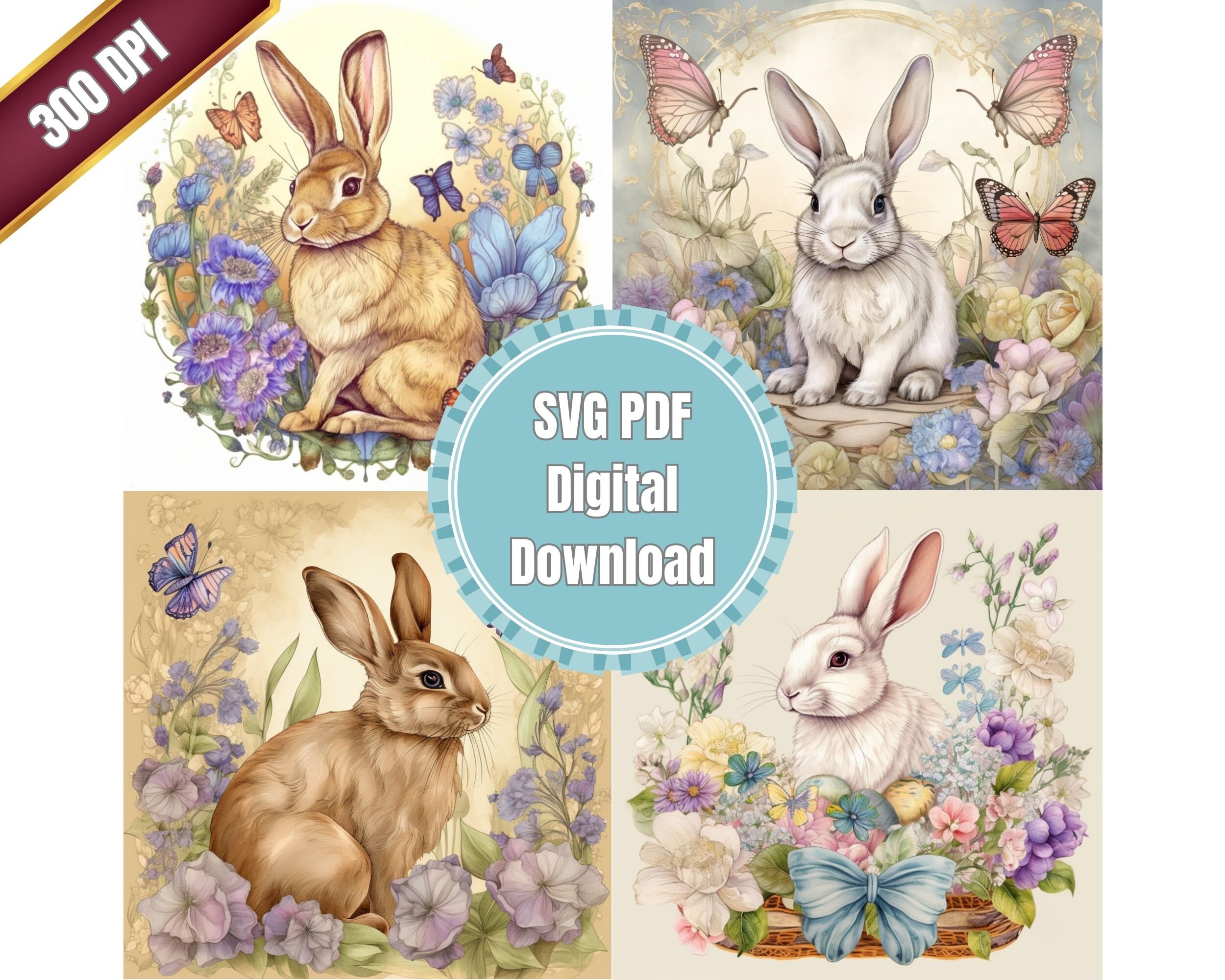 Floral Bunny SVG, Rabbit PDF, Printable Rabbit Wall Art, Printable Wall ...