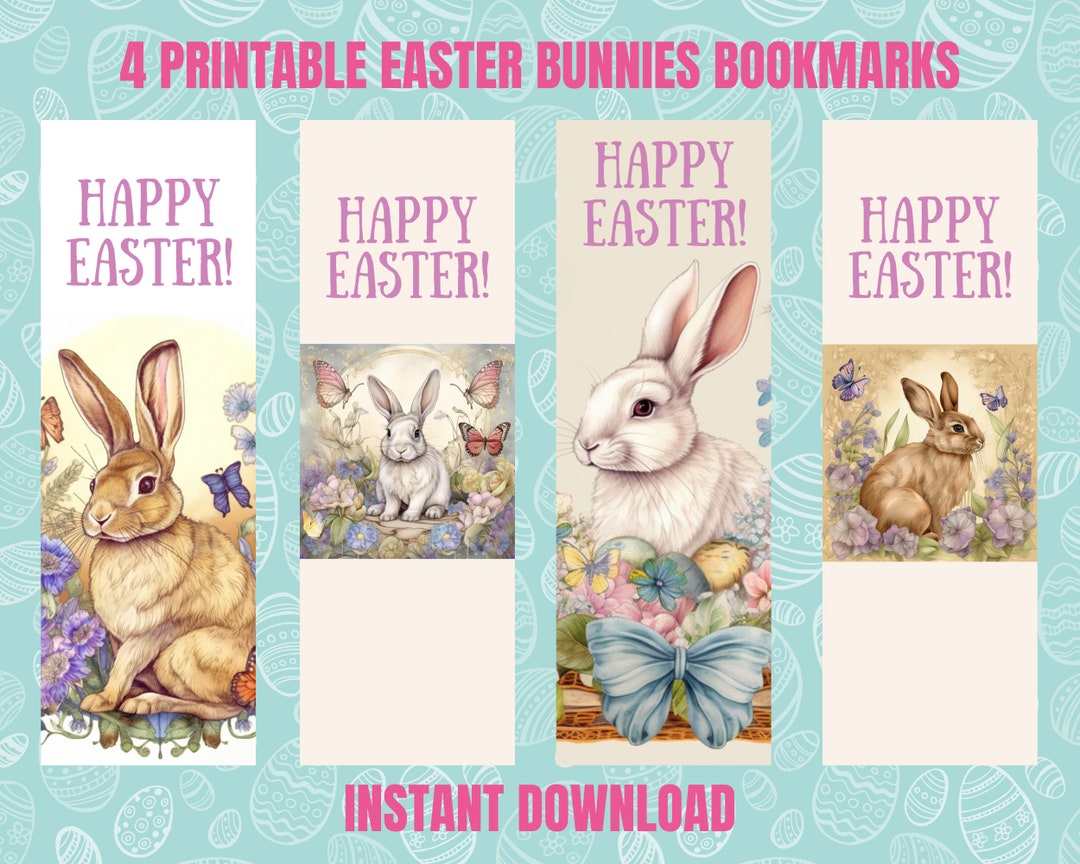 Cute Easter Bunnies Bookmarks Printable, Bookmark Digital Download ...