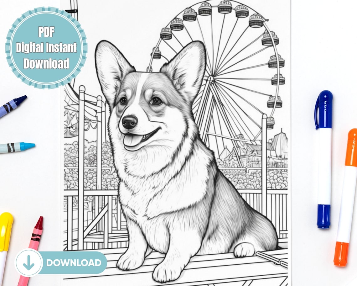 Printable Cute Corgi Coloring Page - Adult Coloring Page, Kids Coloring ...