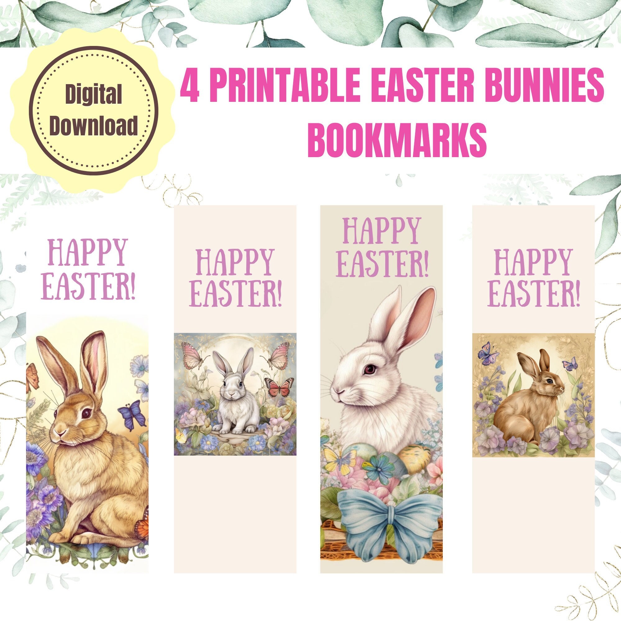Cute Easter Bunnies Bookmarks Printable, Bookmark Digital Download ...