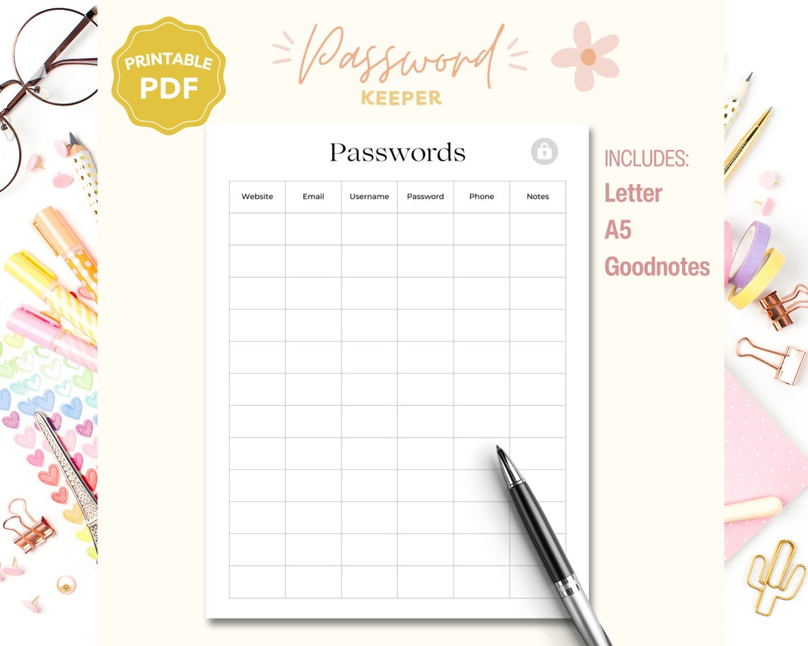 Password Tracker Printable & Goodnotes, Password Keeper, Password ...
