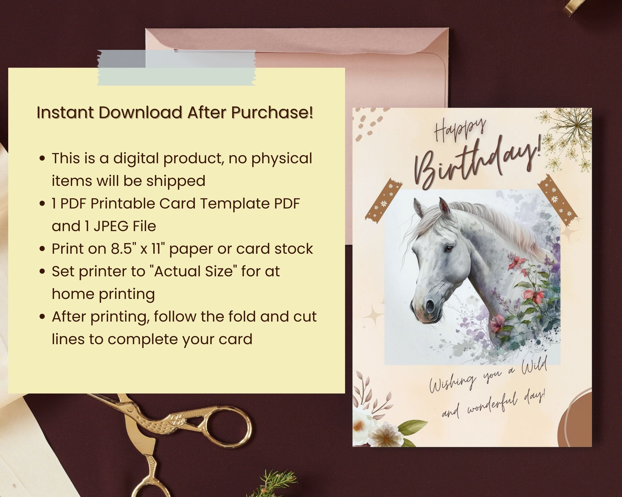 Printable Horse Happy Birthday Card - Instant Digital Download, Horse ...