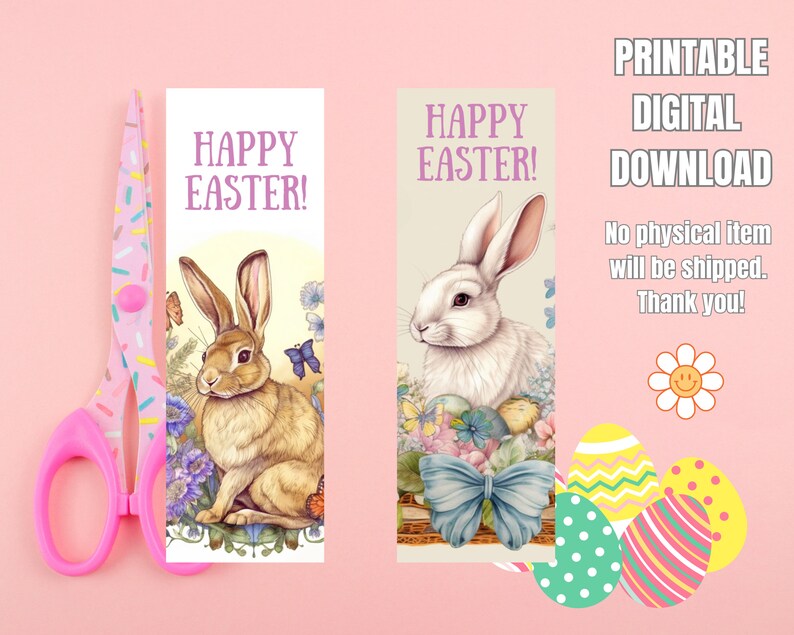 Cute Easter Bunnies Bookmarks Printable, Bookmark Digital Download ...