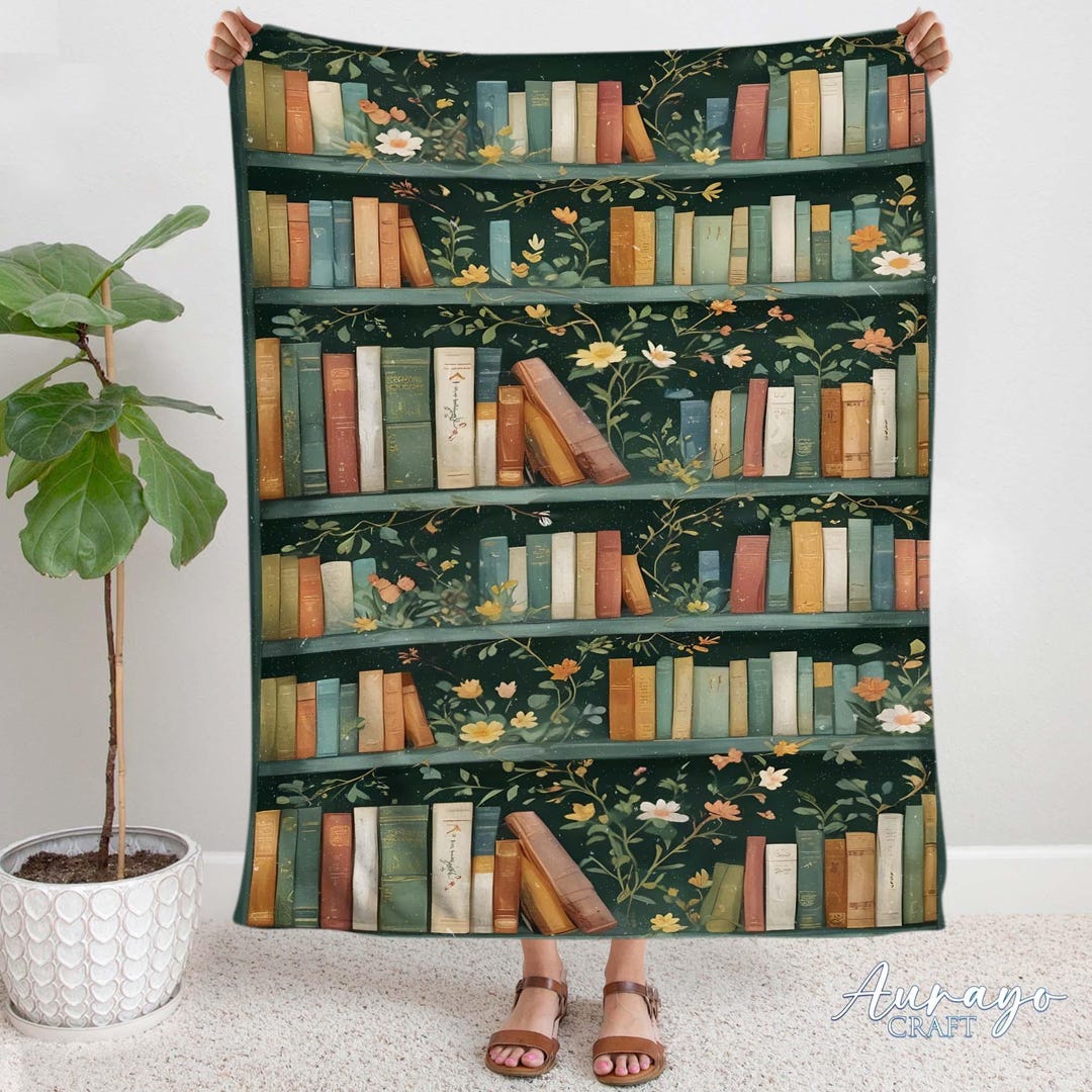 Vintage Library Blanket, Boho Wildflowers Bookish Quilt, Cottagecore ...