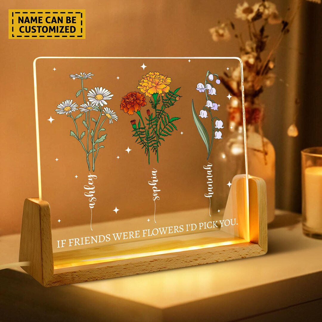 Personalized Birth Flower LED Night Light, Best Friend Flower Night ...