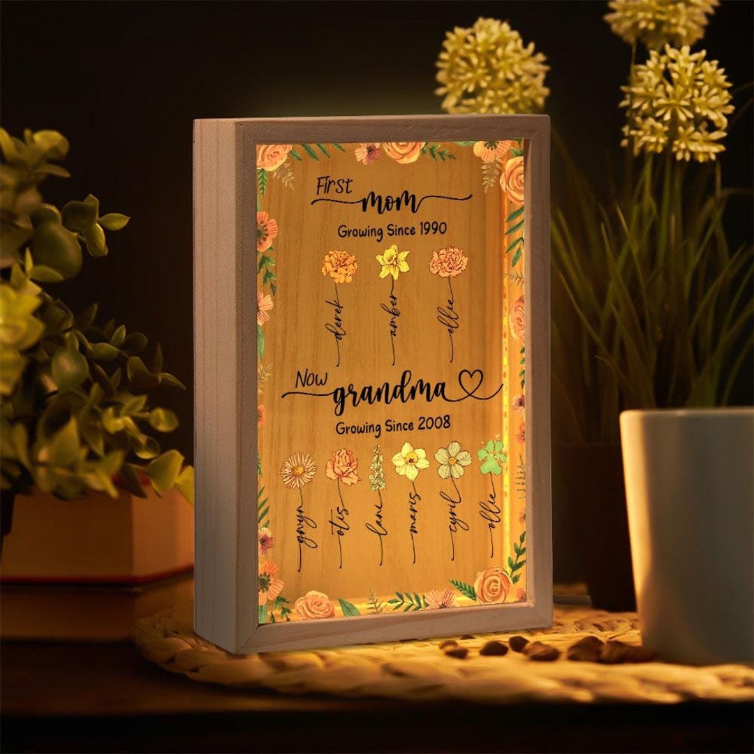 Personalized Mom Grandma Flower Lighting Box, Custom Birth Month Flower Luminous Light Box ...