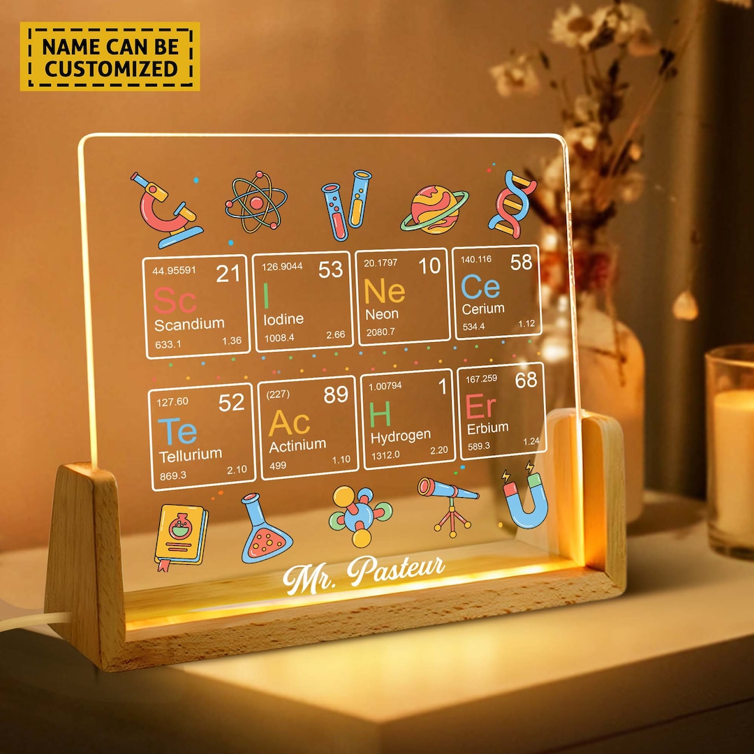 Custom Chemistry Teacher Desk Name Plate, Chemist LED Light Wooden Base, Acrylic Office ...