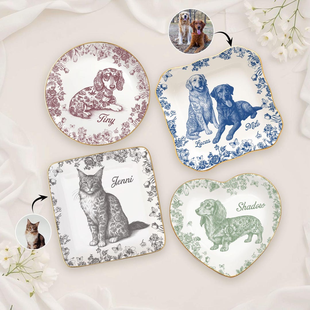 Custom Pet Portrait Jewelry Dish, Custom Dog Breeds Chinoiserie Toile ...