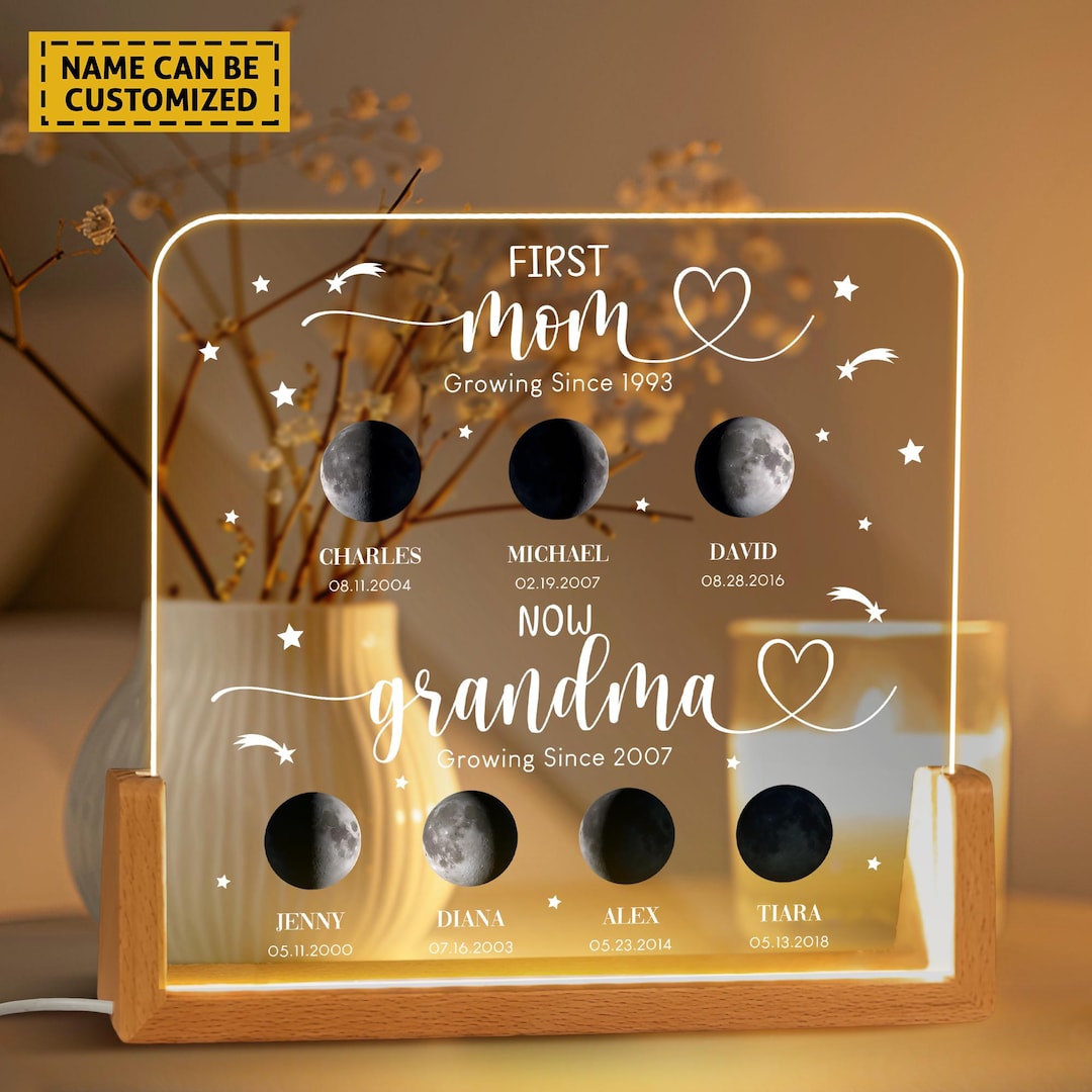 Custom First Mom Now Grandma Night Light, Personalized Moons Phase With ...