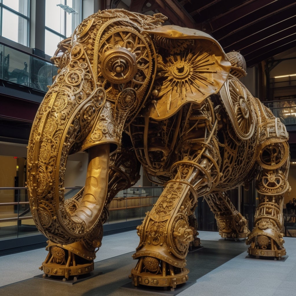 Massive Steampunk Golden Mechanical Elephant, in the Style of Jules ...