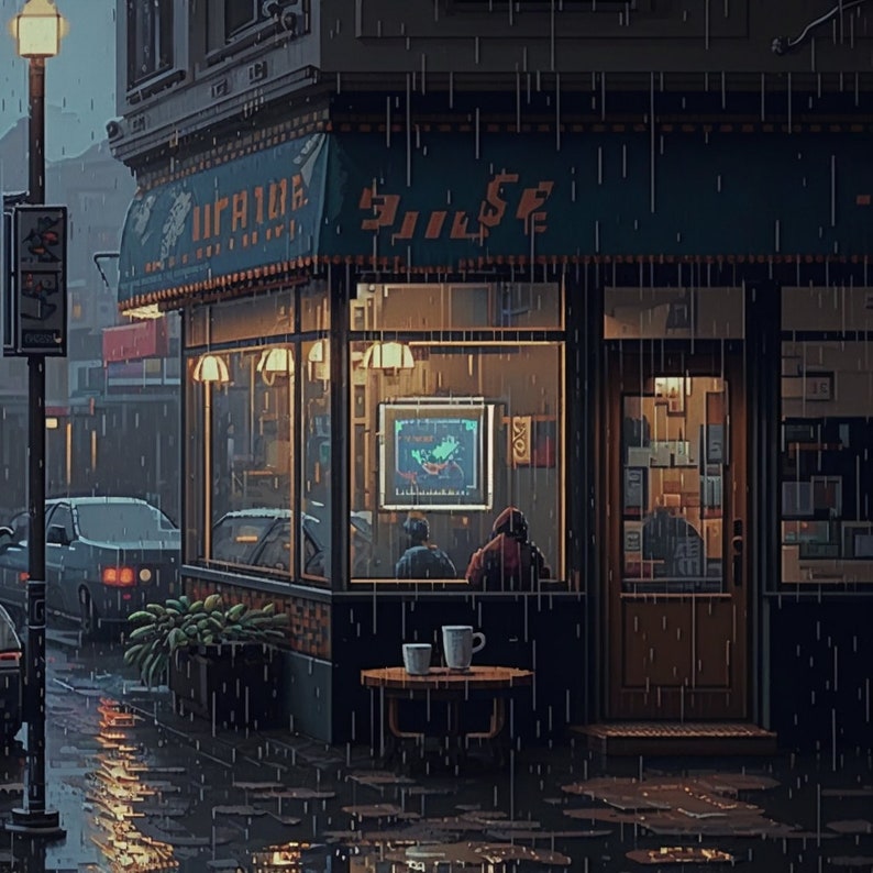 16-bit Pixel Art Depicts a Cozy Coffeeshop on a Rainy Day - Etsy