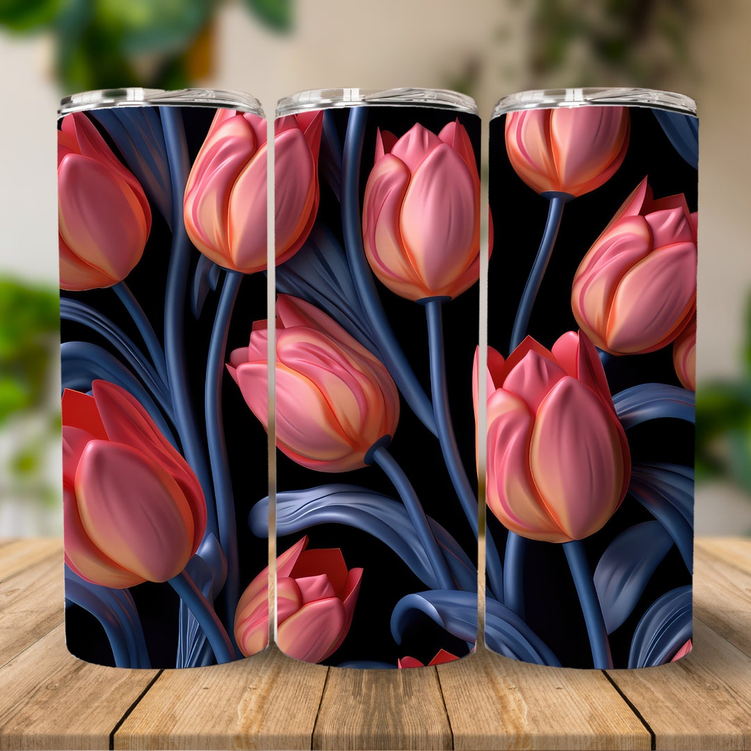 3D Pink Tulips Flower 20 Oz Skinny Tumbler Sublimation Design, Instant ...