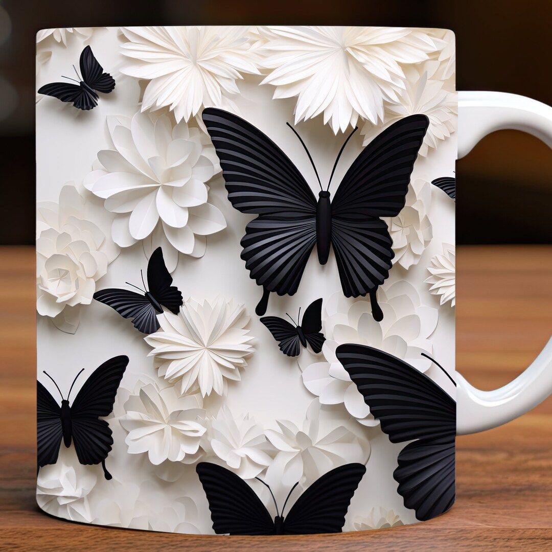 3D Black Butterfly Flowers Mug Wrap, 11oz and 15oz Mug Design Digital ...