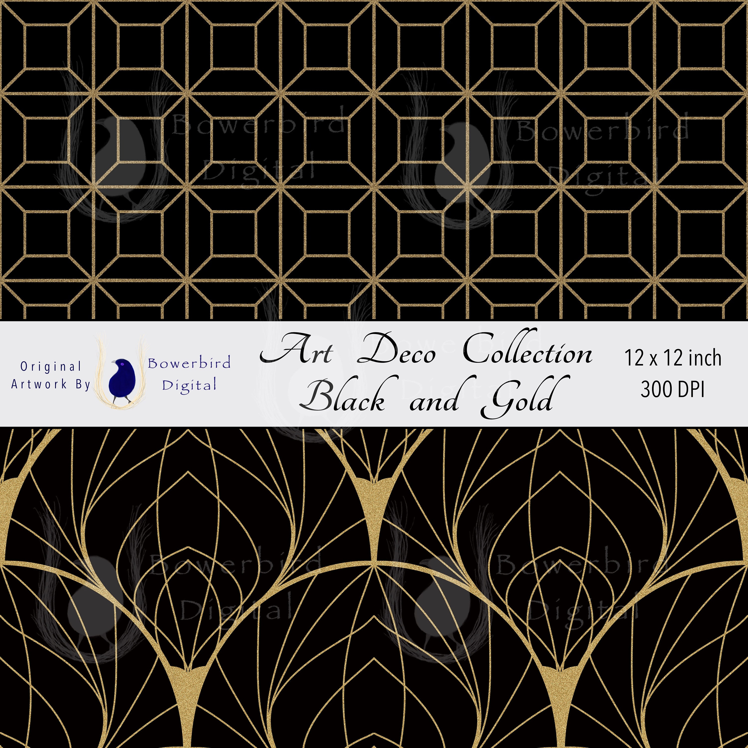 Art Deco Digital Paper, Black, Gold Art Deco, Digital Scrapbook Paper ...