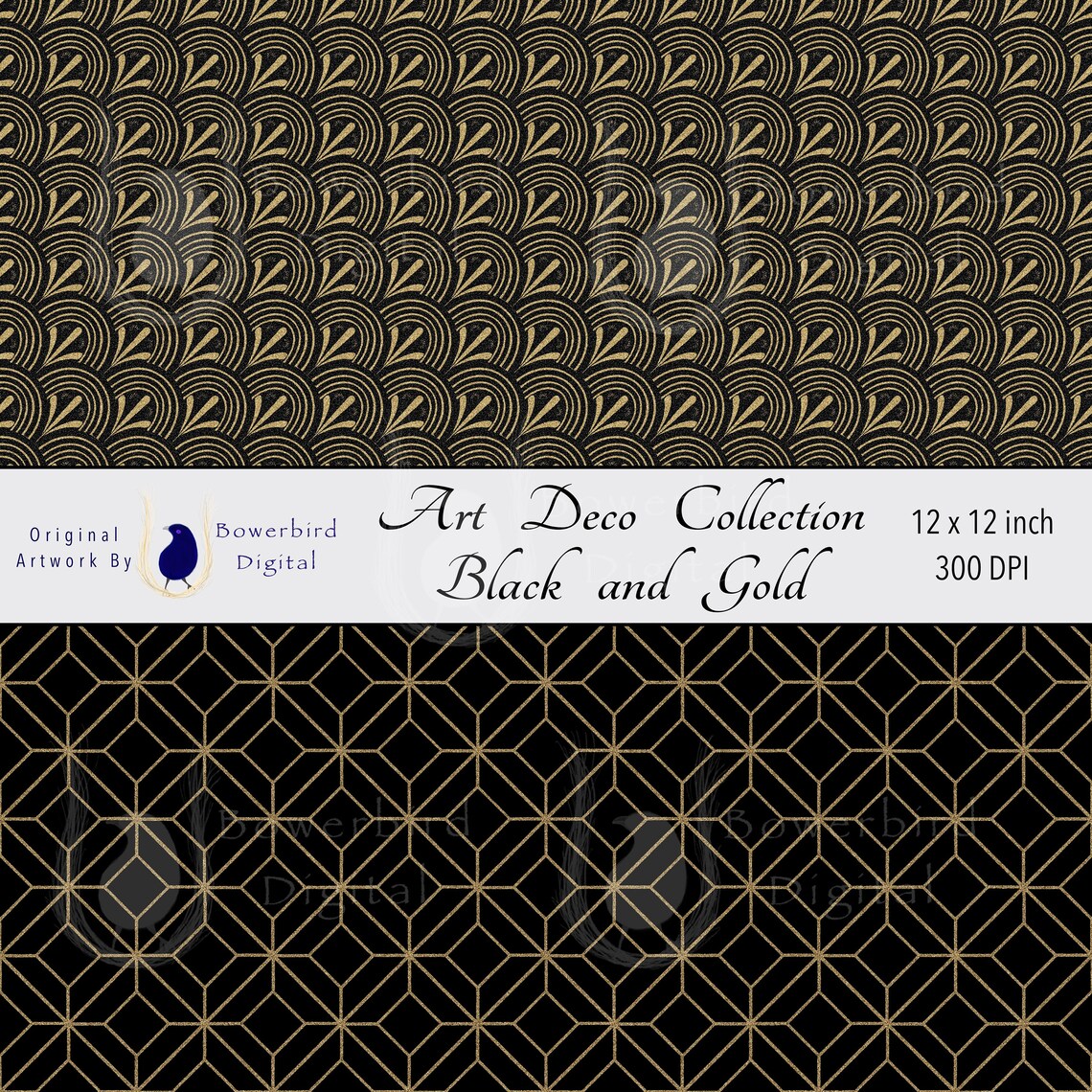 Art Deco Digital Paper, Black, Gold Art Deco, Digital Scrapbook Paper ...