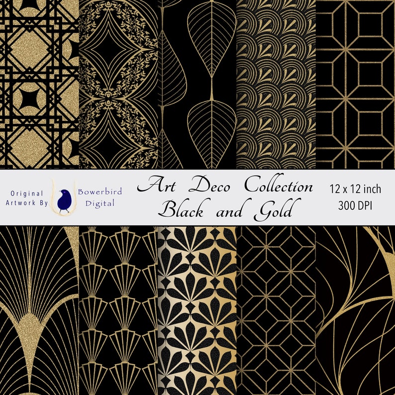 Art Deco Digital Paper, Black, Gold Art Deco, Digital Scrapbook Paper ...