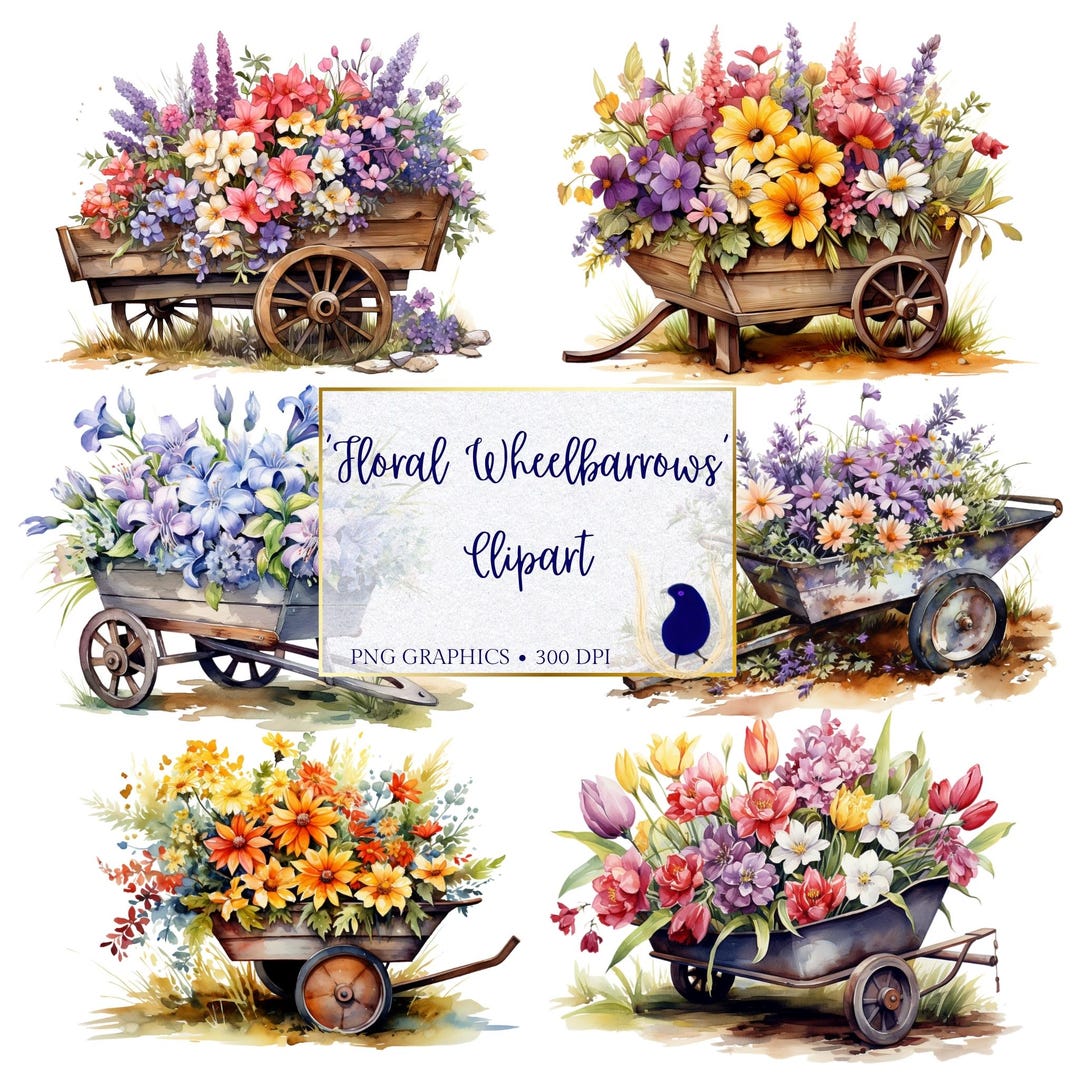 Watercolor Rustic Wheelbarrow Floral Clipart, Cottagecore PNG (digital ...