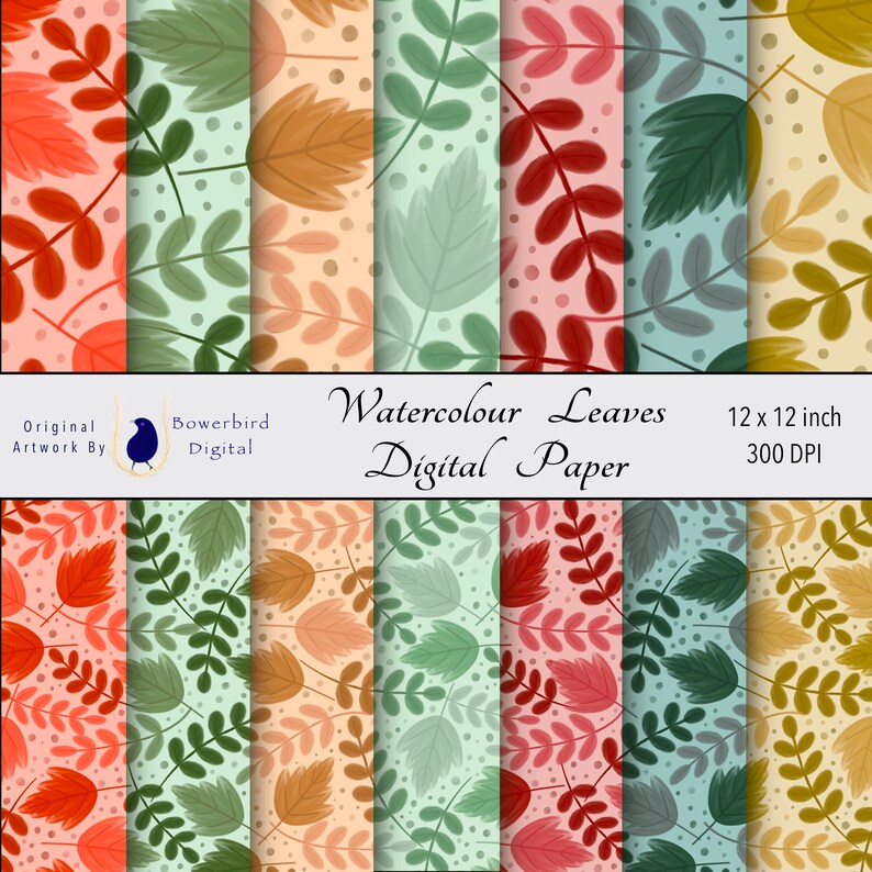 Watercolour Leaves Digital Paper, Digital Scrapbook Paper, Digital Junk ...