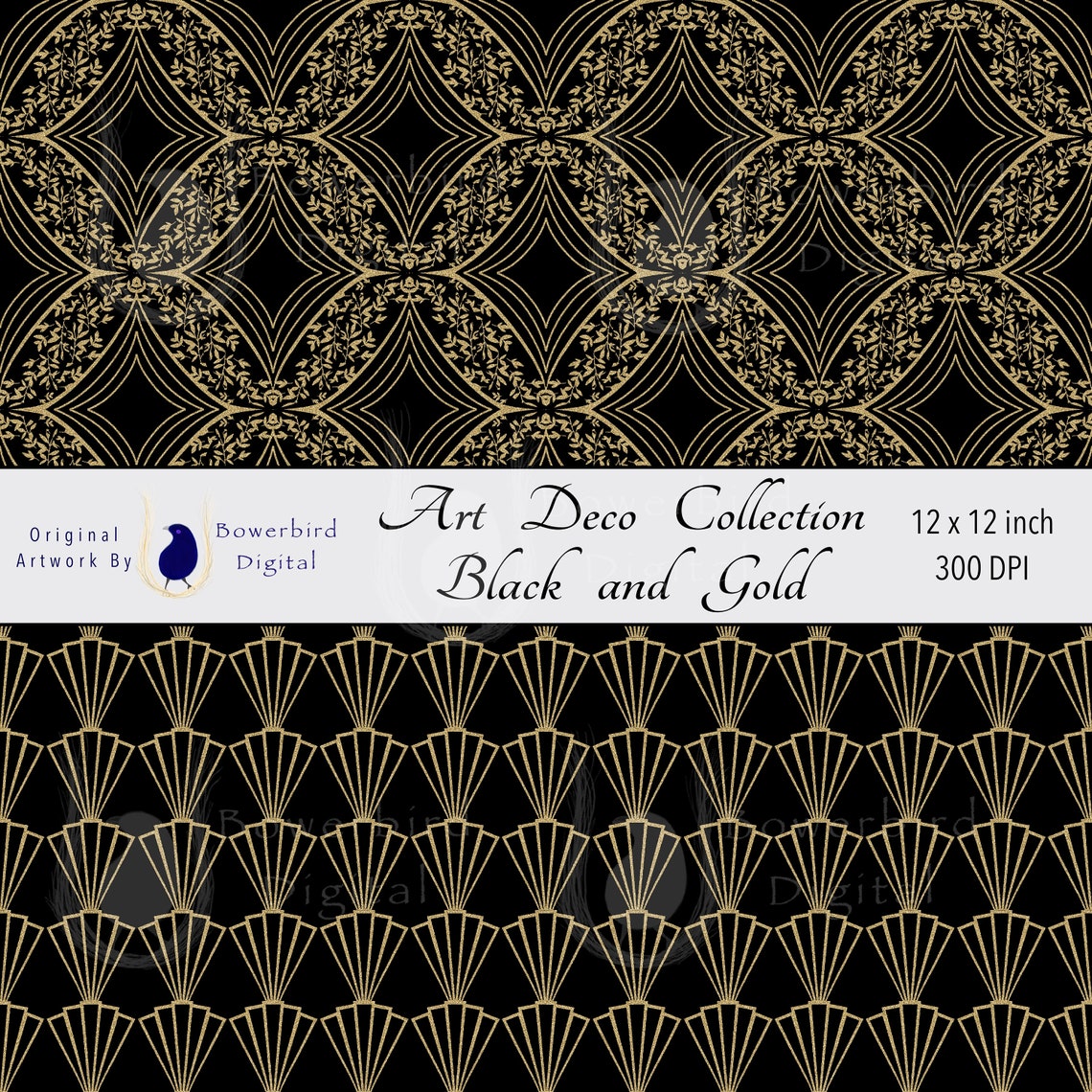 Art Deco Digital Paper, Black, Gold Art Deco, Digital Scrapbook Paper ...