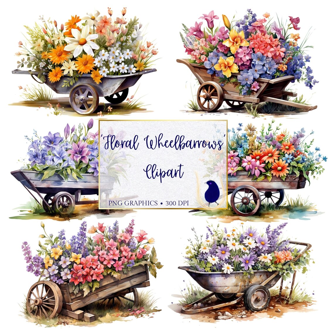 Rustic Wheelbarrow Flower Clipart, Transparent PNG, Cottagecore Art ...