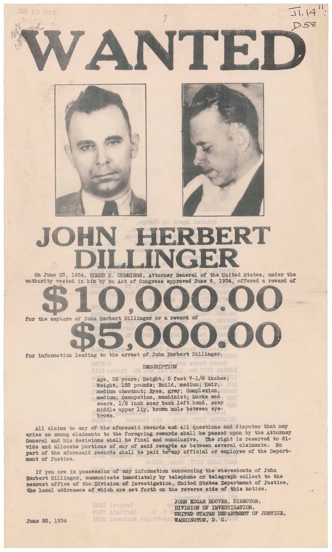 John Dillinger FBI Wanted Poster Bank Robber J. Edgar Hoover - 17" X 22 ...