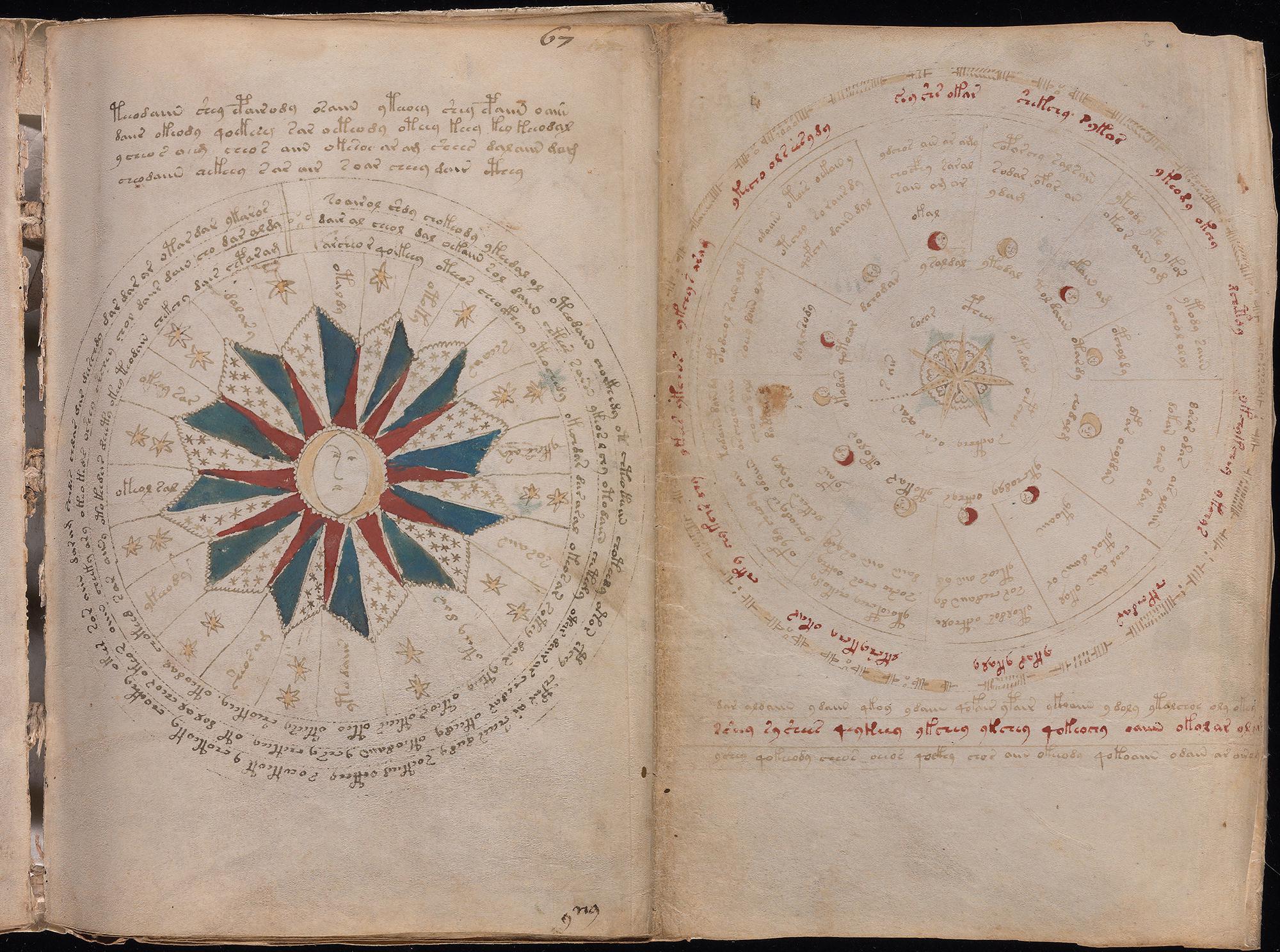 Voynich Manuscript Double Pages Cryptic Sun Face Writing Mysterious ...