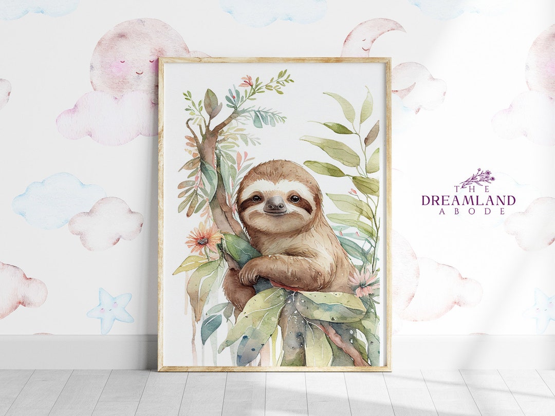 Cute Sloth Art Print, Sloth Printable Wall Art, Jungle Animal Nursery ...