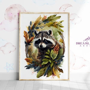 Woodland Raccoon Watercolor Printable Wall Art DIGITAL DOWNLOAD Nursery ...