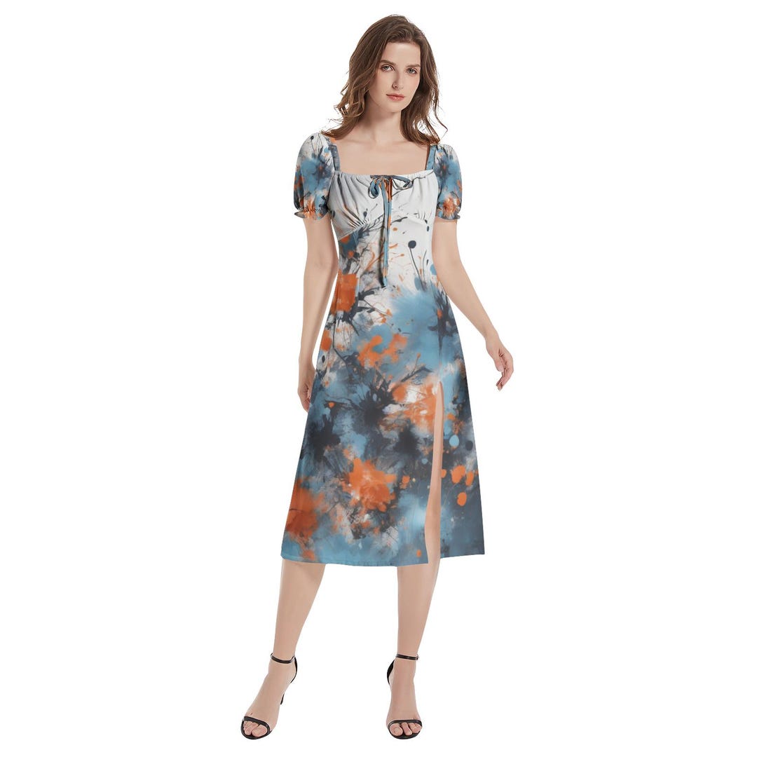 Puff Sleeve Midi Dress With Slit Elegant Summer Dress Split Thigh ...