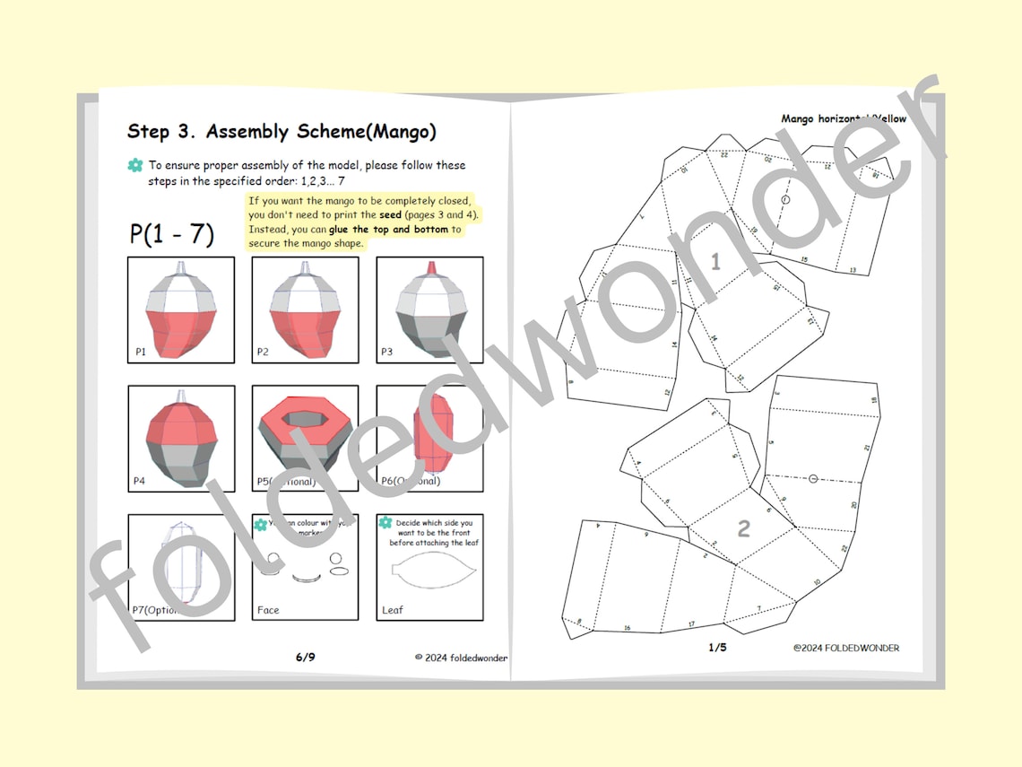 Adorable 3D Mango Set, Papercraft Template, DIY Fruit Origami, Digital ...