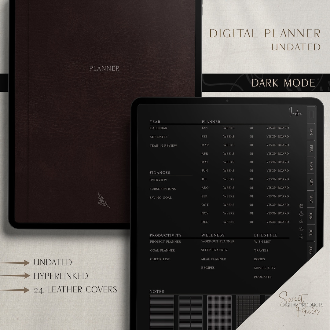 Undated Dark Mode Digital Planner, Dark Mode Goodnotes Planner, PDF ...